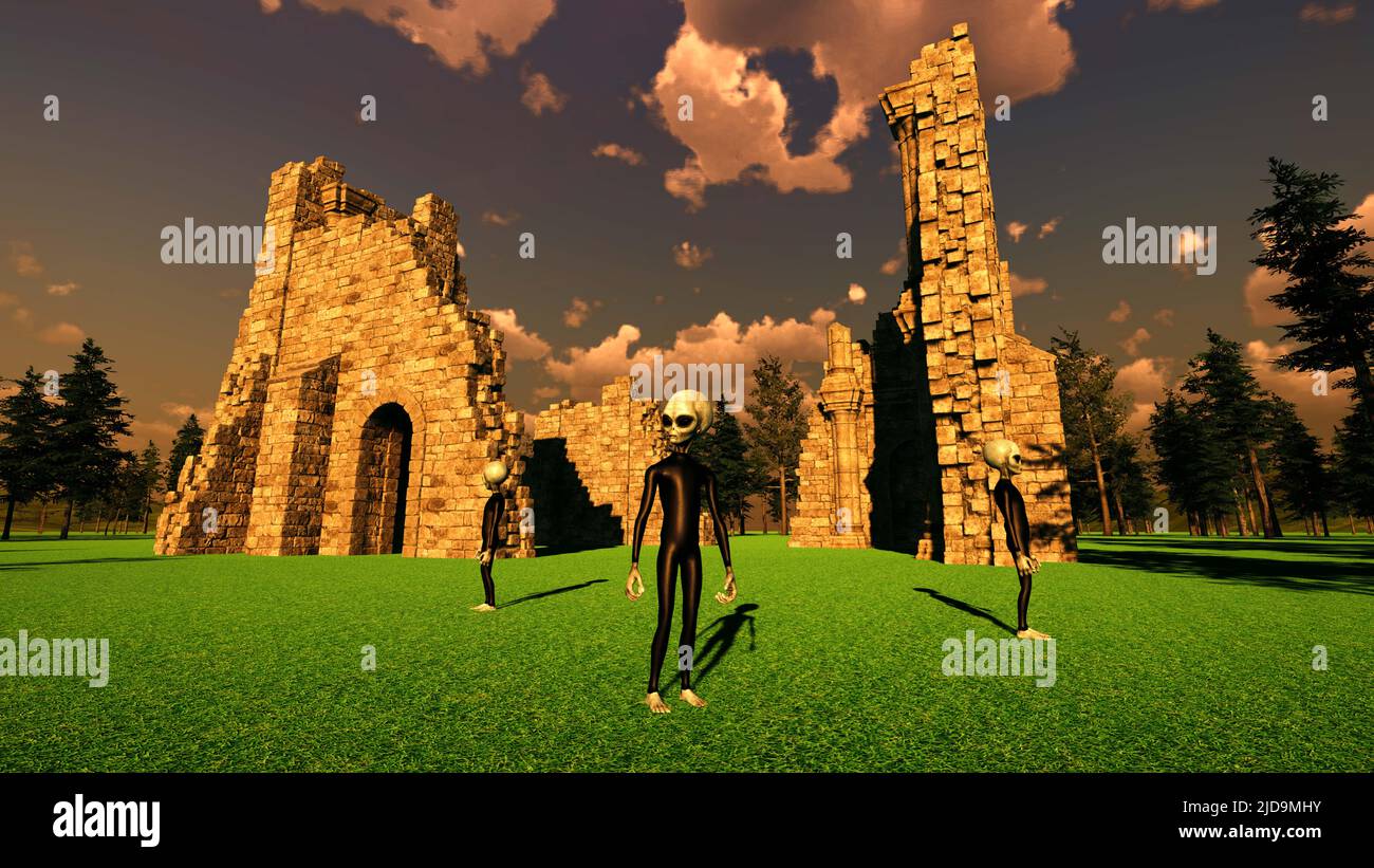 Grey Alien in Forest with Ruins in Backgroud. Extremely detailed and ...