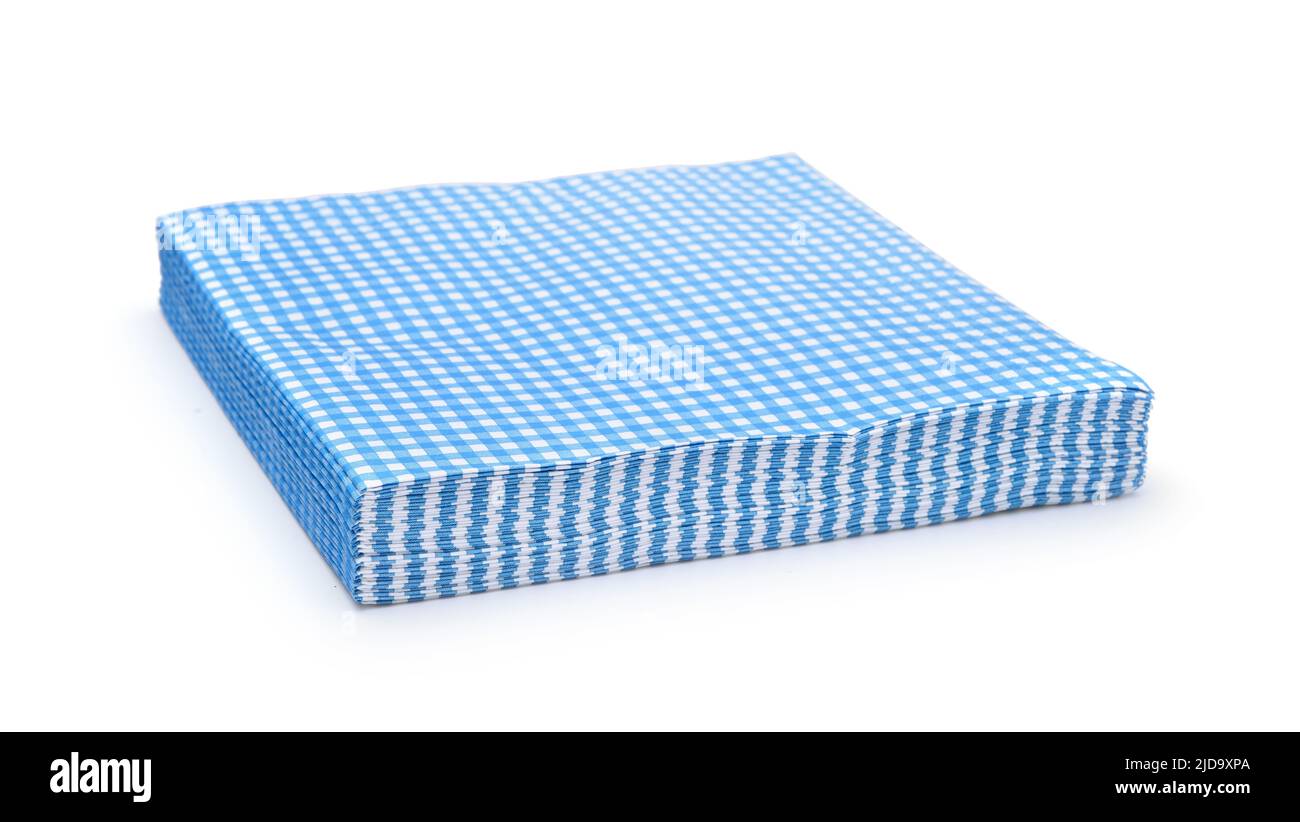Stack of checkered blue paper table napkins isolated on white. Side ...