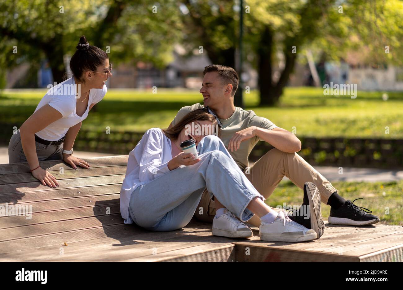 Group of people having fun outdoors. Young women and man enjoying a ...