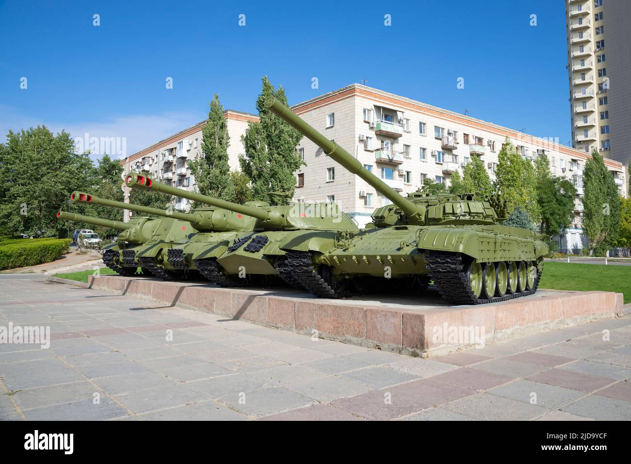 VOLGOGRAD, RUSSIA - SEPTEMBER 19, 2021: The exposition of Soviet tanks ...