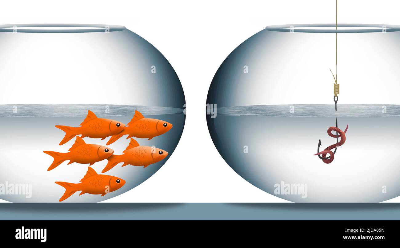 Goldfish are seen in one fish bowl looking at a hook and worm in a ...