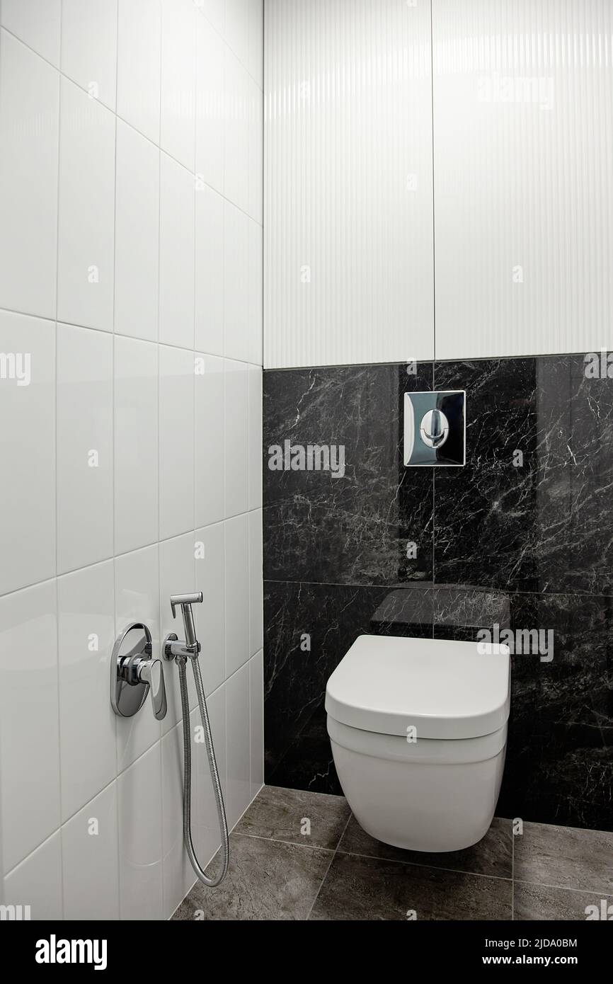 Toilet room interior loft style design in white and black color Stock ...