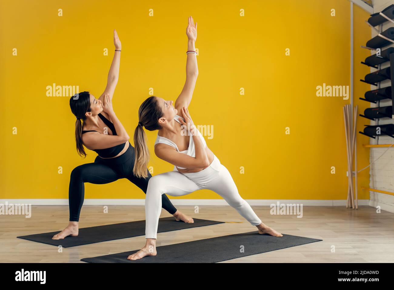 Two young women practicing yoga, doing exercises, training, female ...