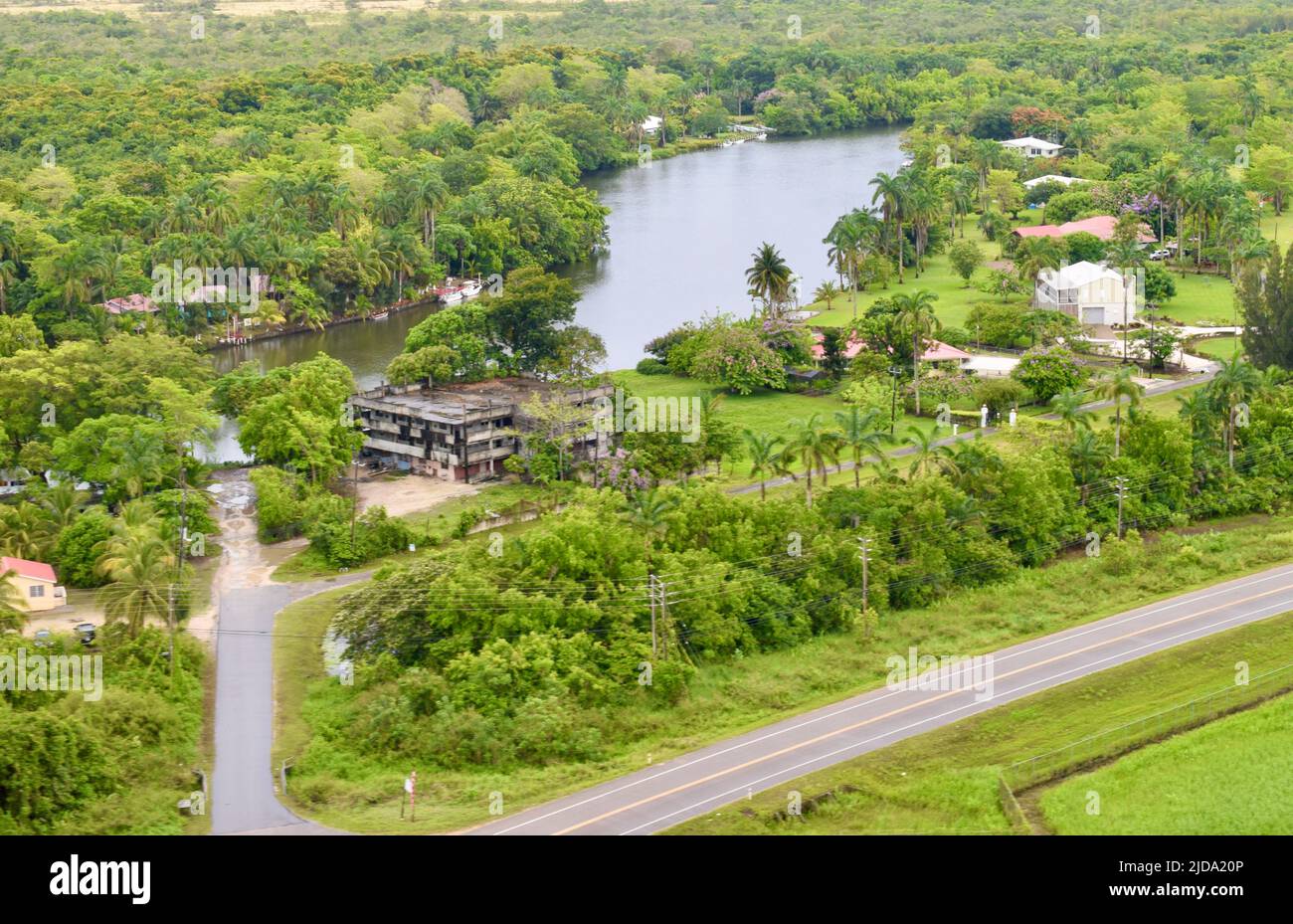 Aerial view of a village on the mainland of Belize, Central America ...