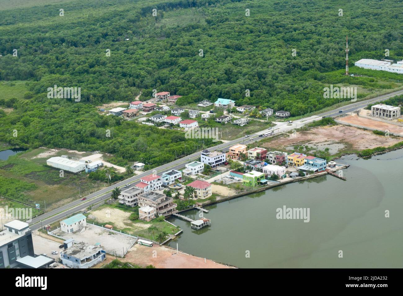 Aerial view of a village on the mainland of Belize, Central America ...