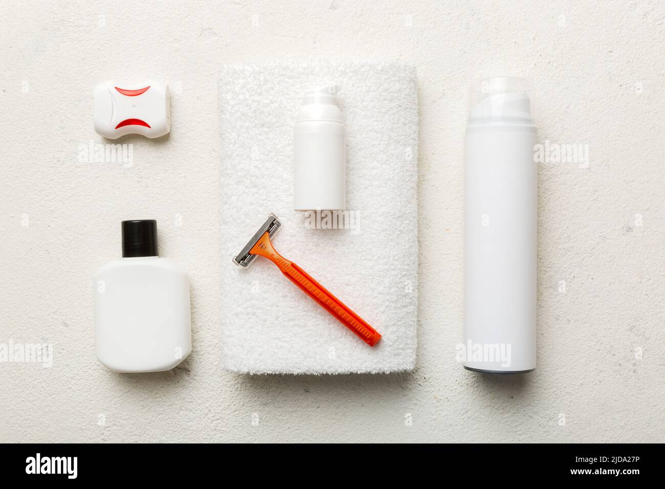 Mockup for bathing products top view flat lay, spa razor, toothpaste ...