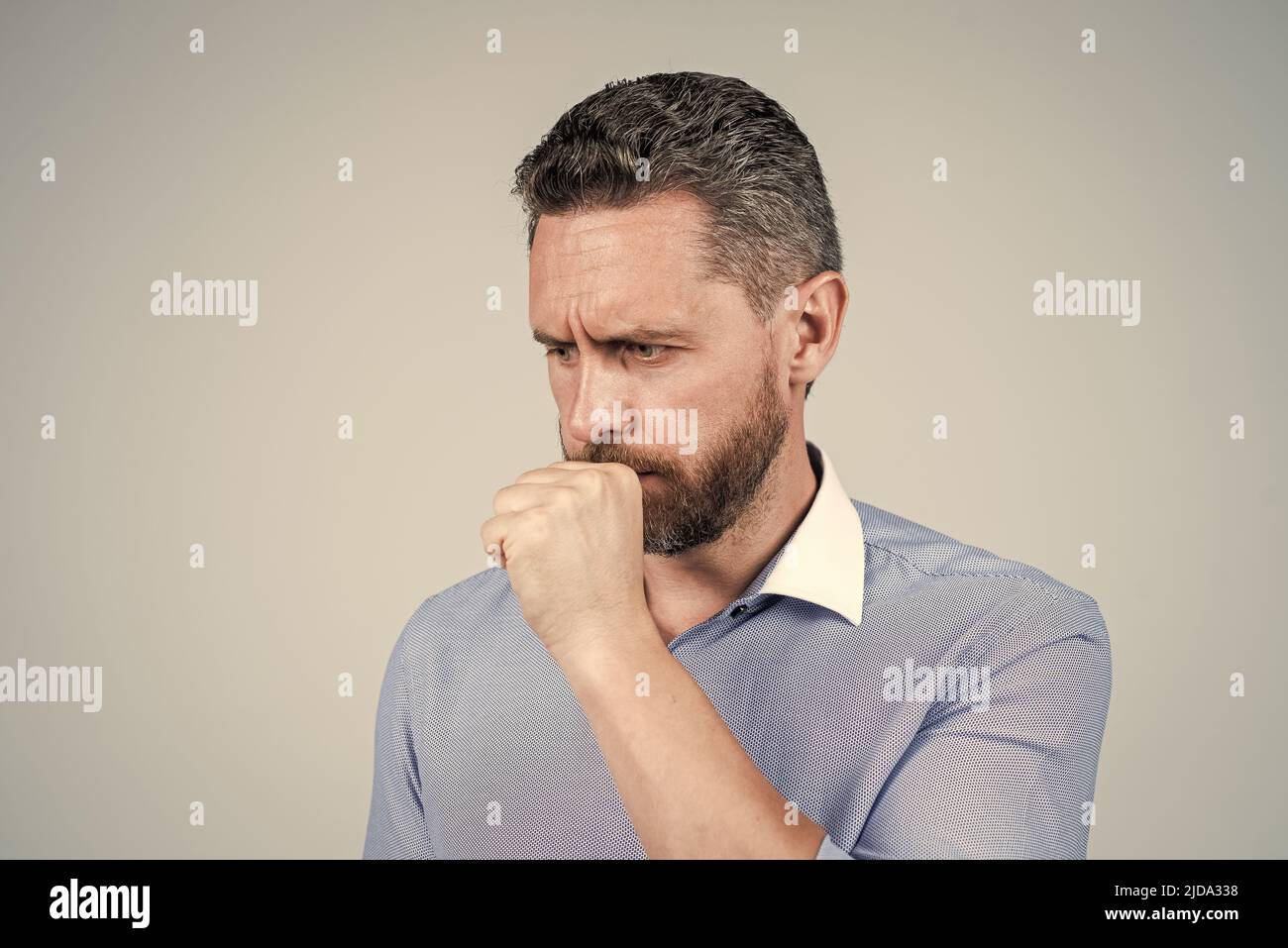 Middle-aged man manager coughing of respiratory infection blue ...