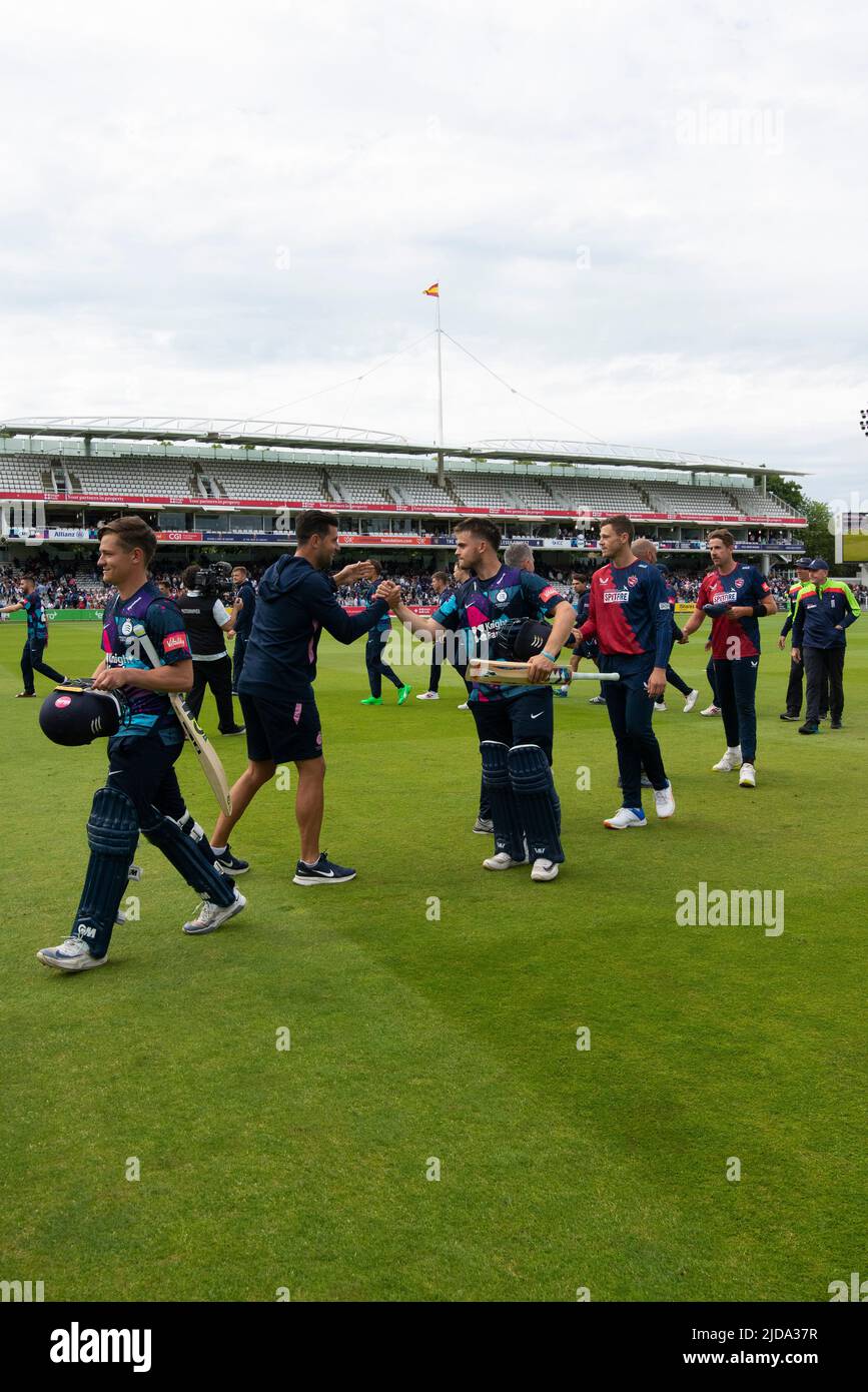 The Middlesex and Kent players shake hands at the end of a T20 blast ...