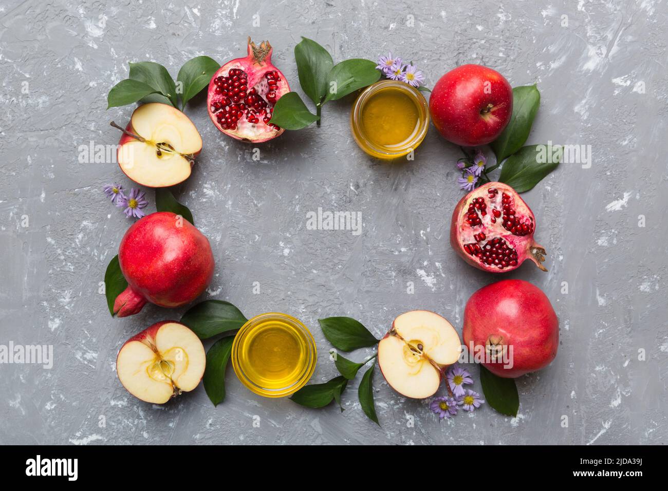 Rosh hashanah concept. Frame made of symbols jewish New Year holiday Traditional. Top view with ...