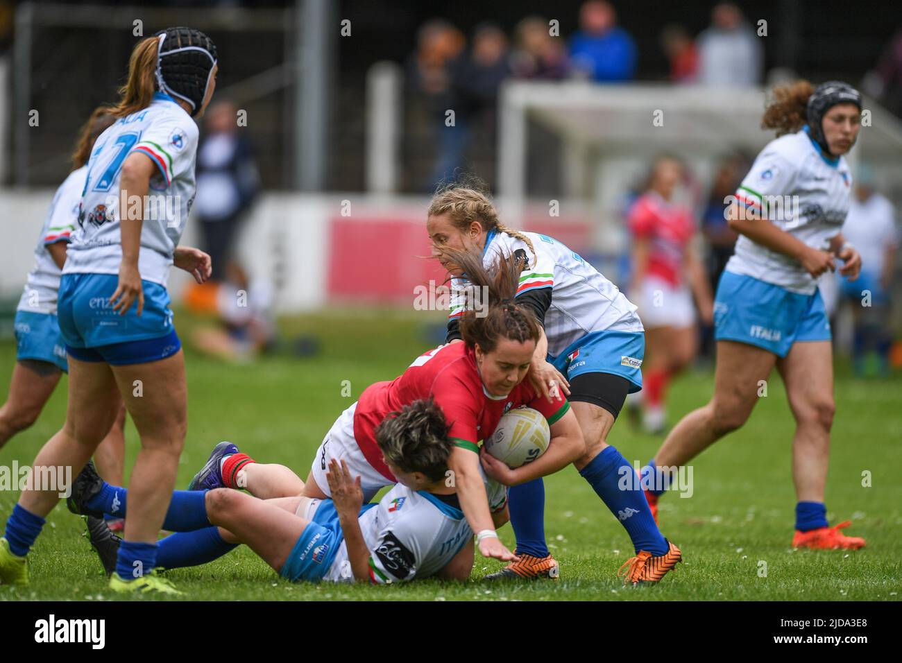Crosskeys, UK. 19th June, 2022. Katie Carr of Wales RL, in action ...
