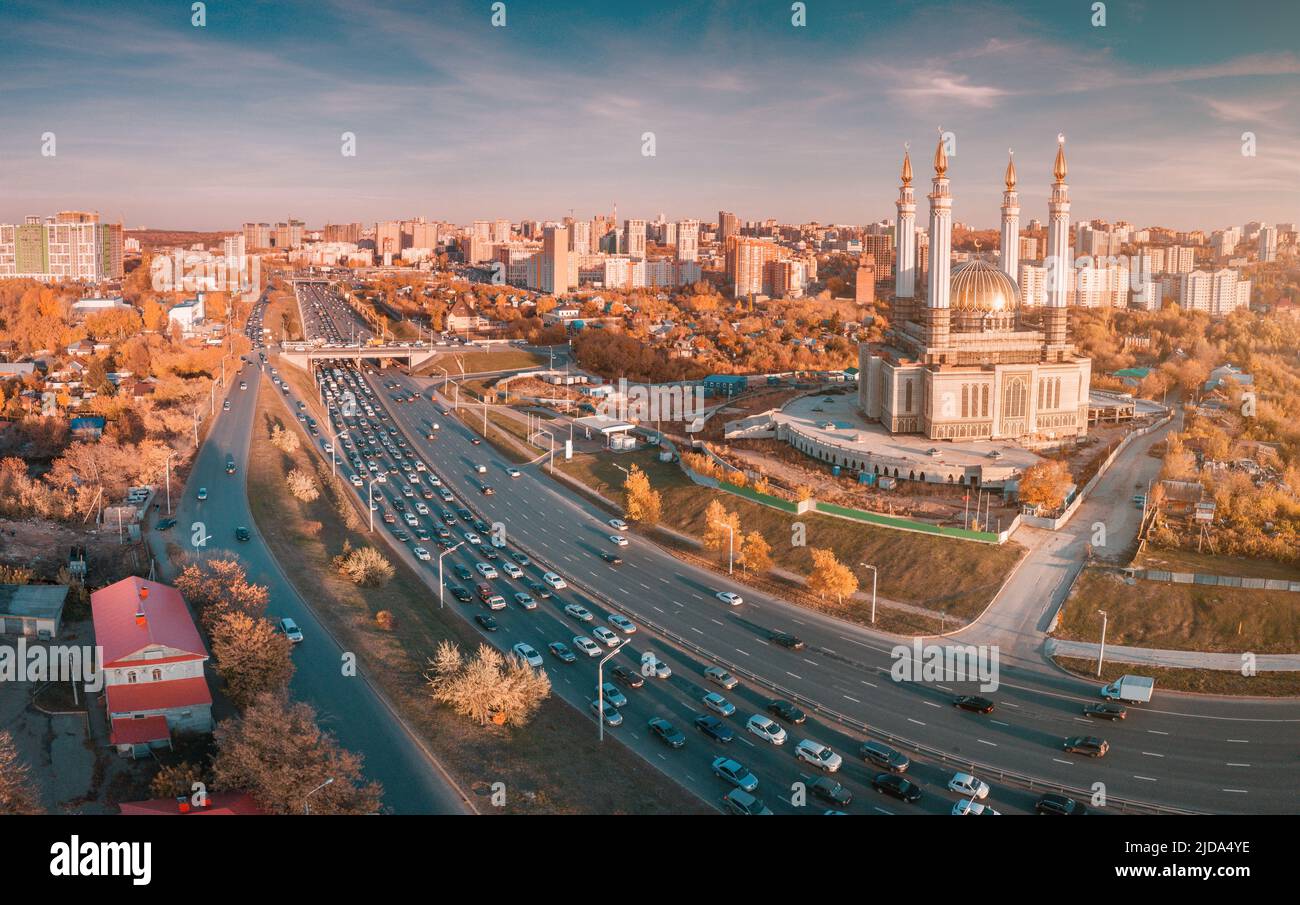 Aerial view of islamic mosque near a busy highway in Ufa. Sights and ...