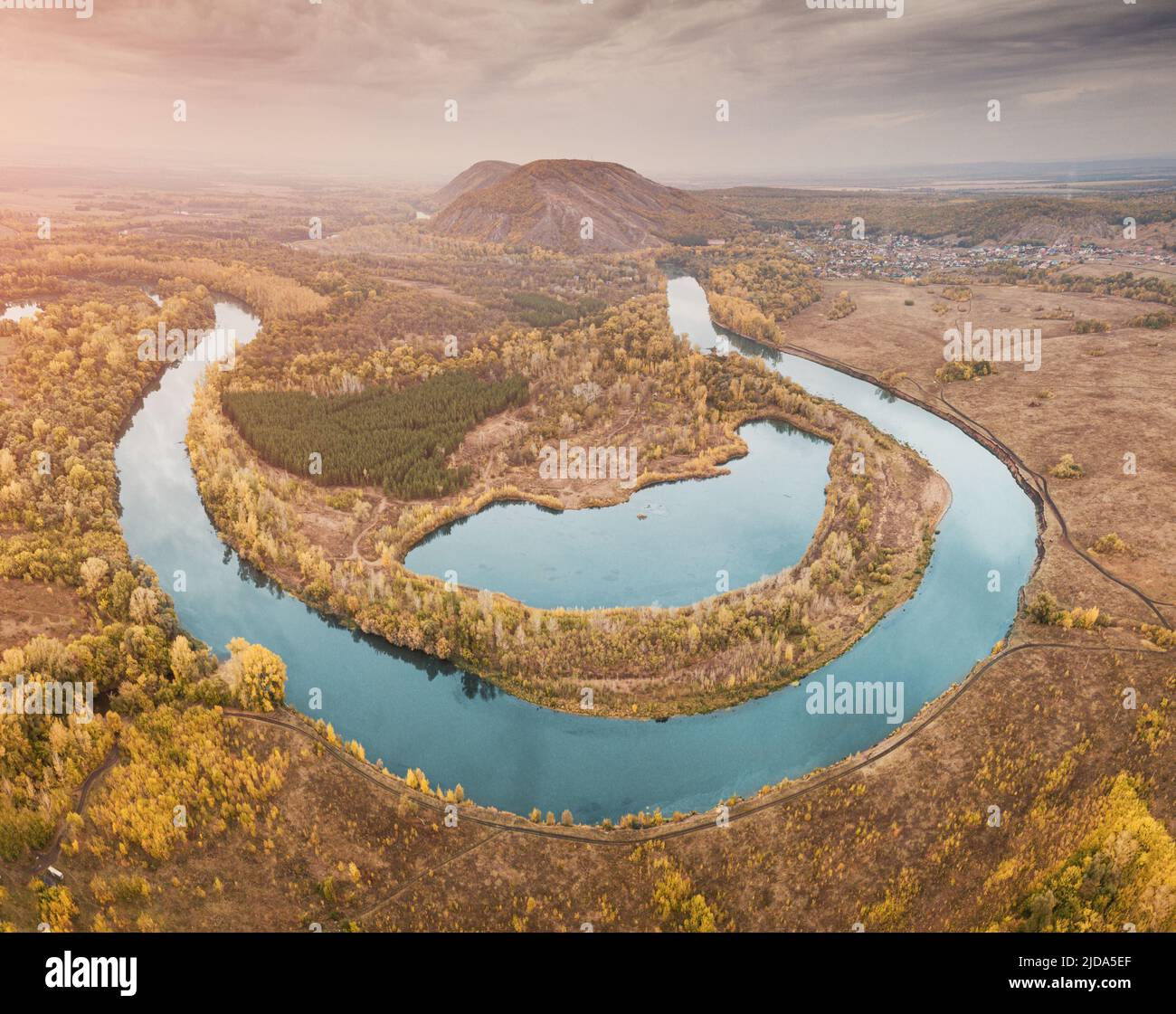 Bend of the Belaya River and the picturesque Shihan Hill. Aerial view ...