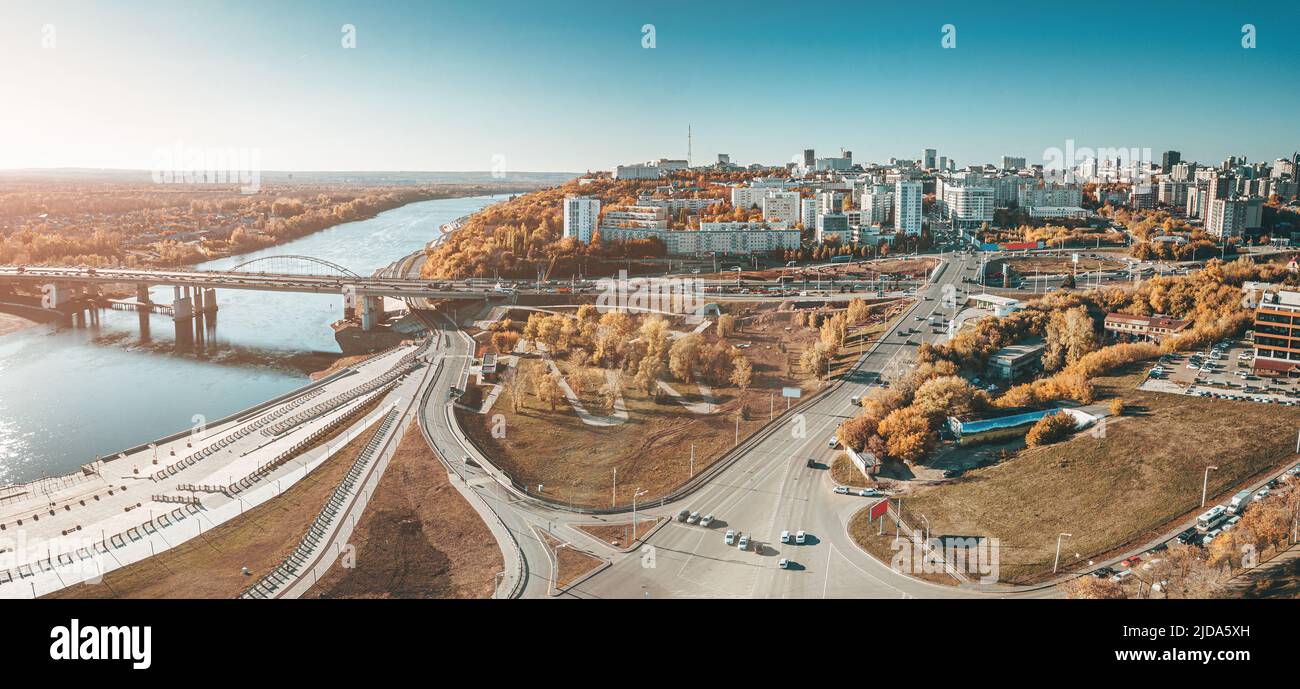 Traffic and transport in the city. Panoramic aerial view of crossroads ...