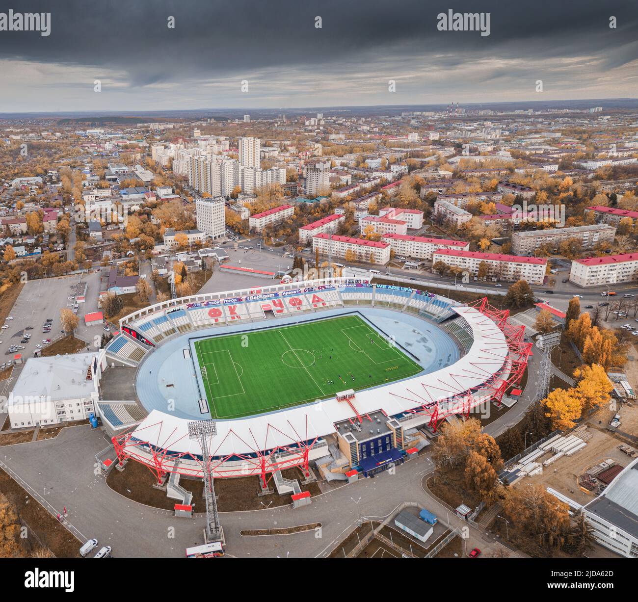 5 October 2021, Ufa, Russia: Aerial view of the football stadium ...