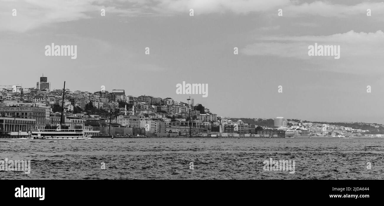 Bosporus strait on a daytime. Panoramic black and white photo Stock ...