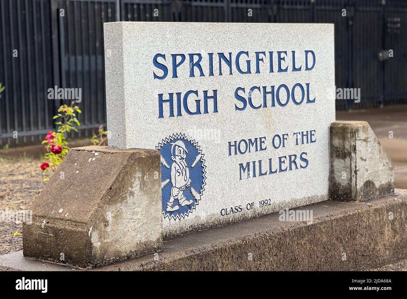 A Springfield High School sign with Millers mascot logo, Saturday, June ...