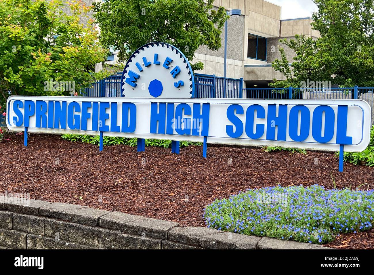 A Springfield High School sign with Millers mascot logo, Saturday, June ...