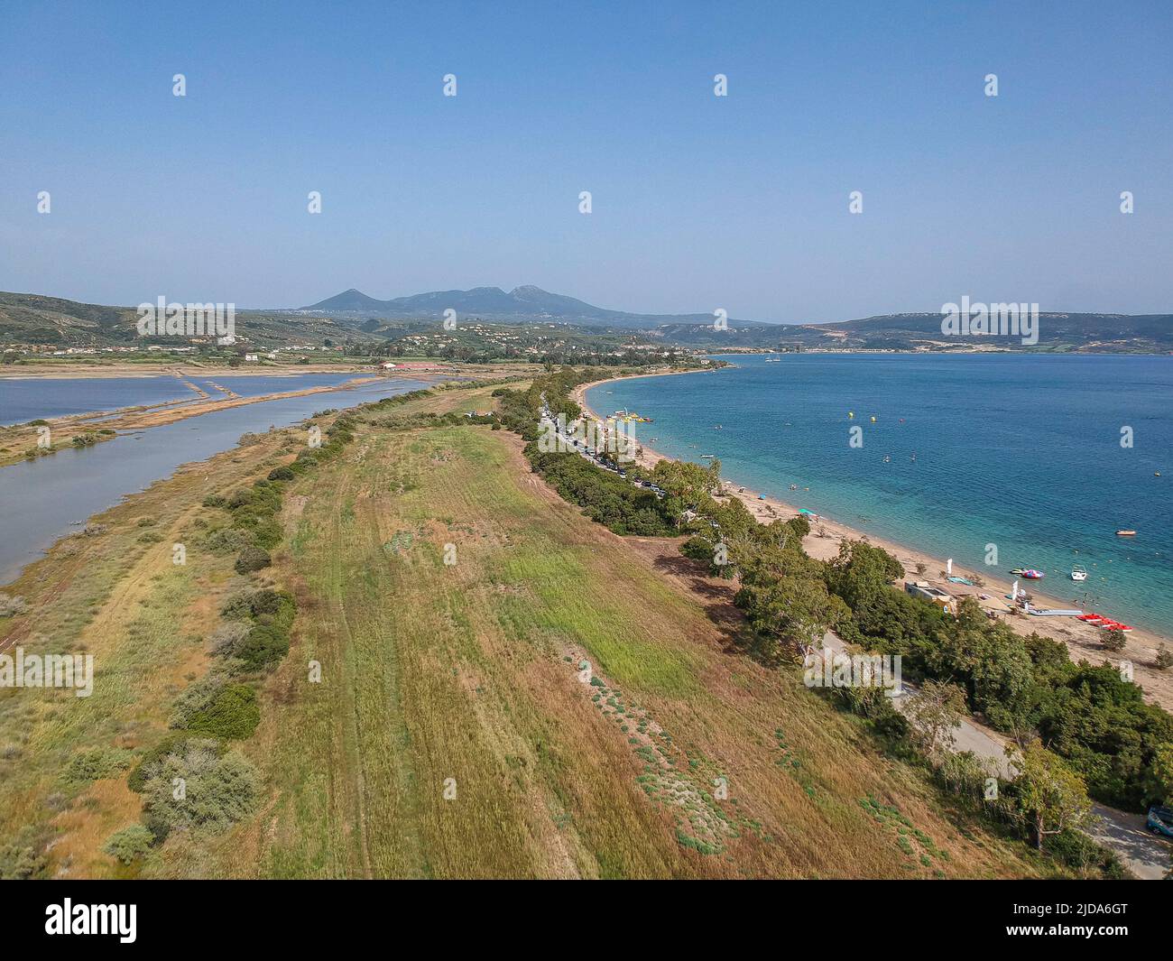Panoramic aerial view over Divari beach near Navarino bay, Gialova. It ...