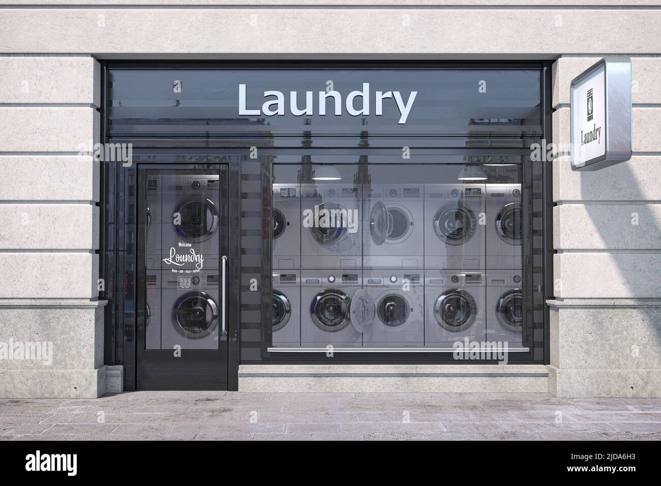 Laundry building exterior with washing machines inside it. 3d ...