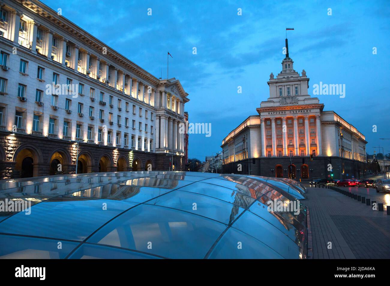 Moody night view of the Former Communist Party Building, Sofia, Bulgaria. Landmarks of the ...