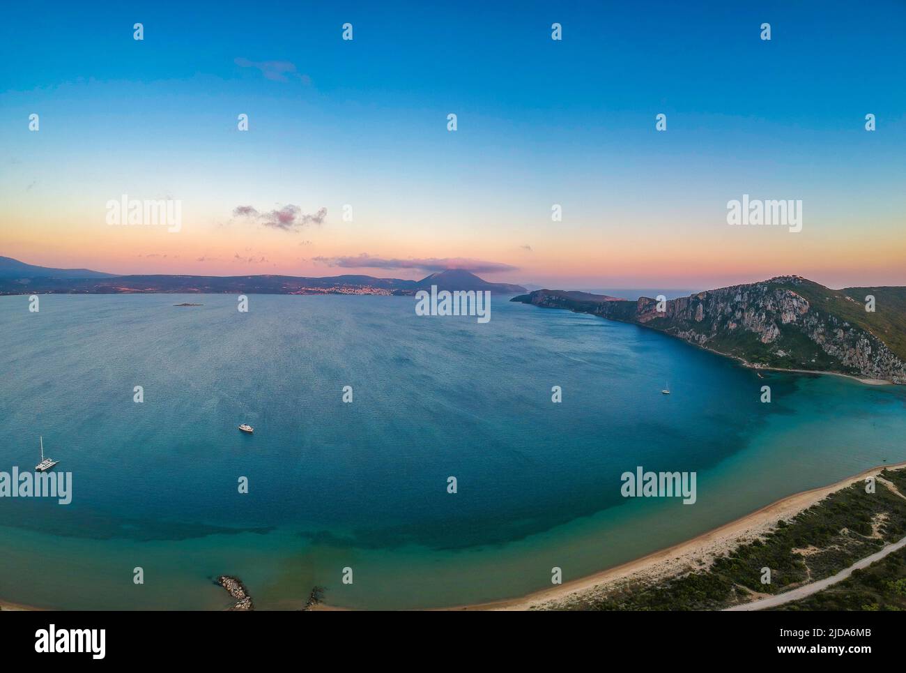 Panoramic aerial view over Divari beach near Navarino bay, Gialova. It ...