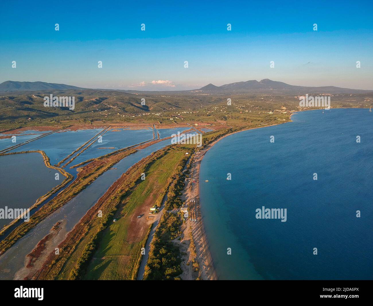 Panoramic aerial view over Divari beach near Navarino bay, Gialova. It ...