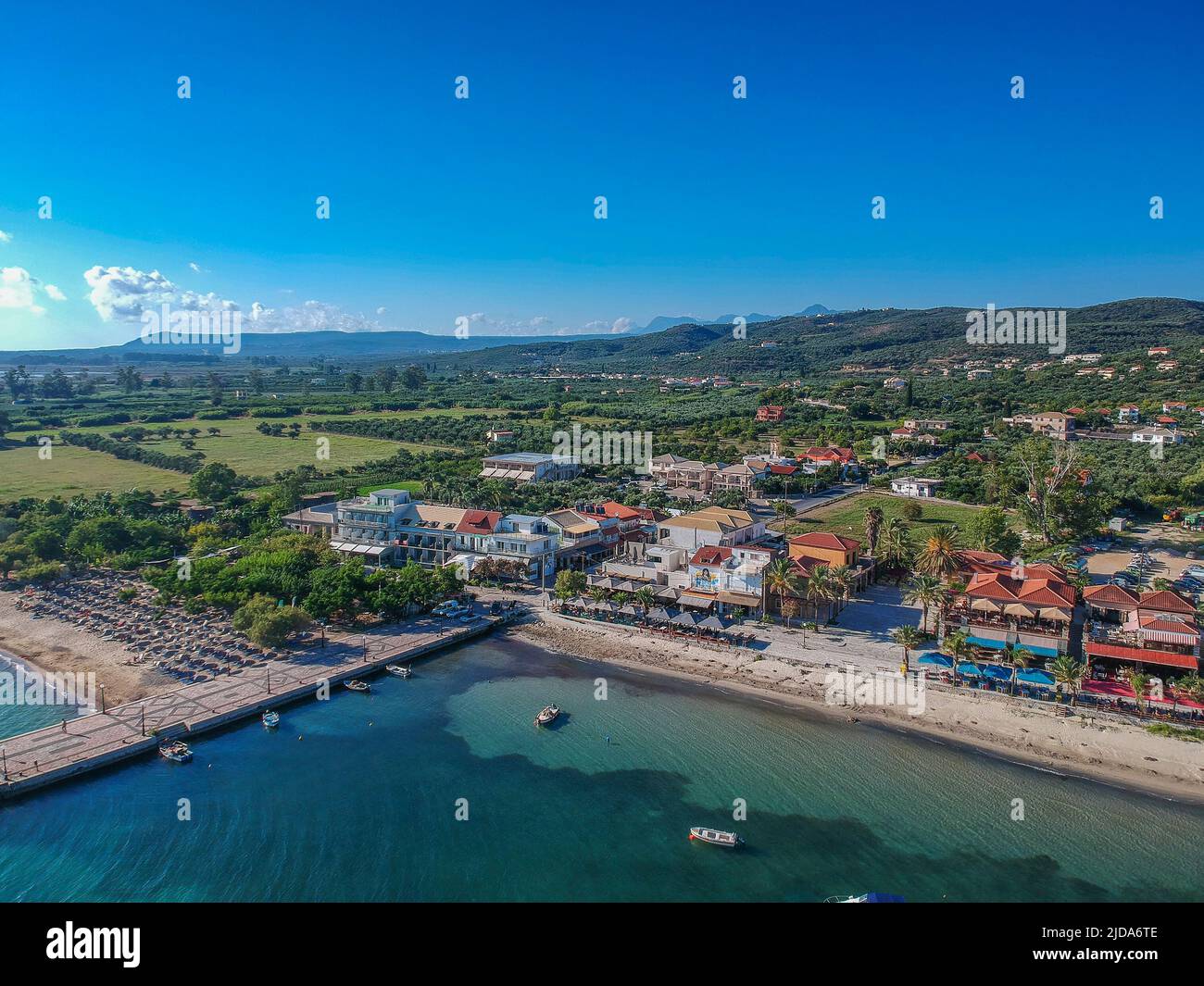 Panoramic aerial view over Divari beach near Navarino bay, Gialova. It ...