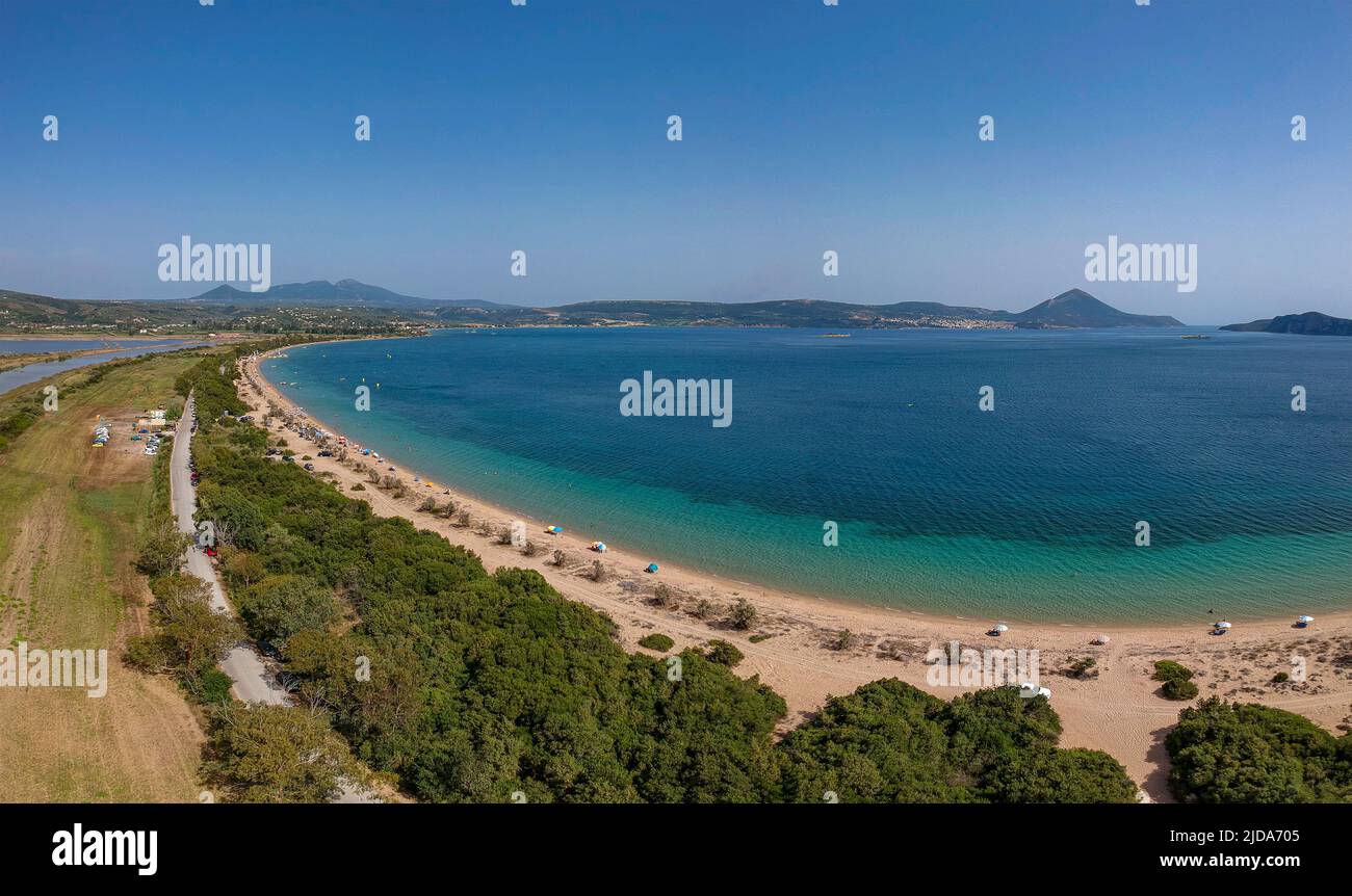 Panoramic aerial view over Divari beach near Navarino bay, Gialova. It ...
