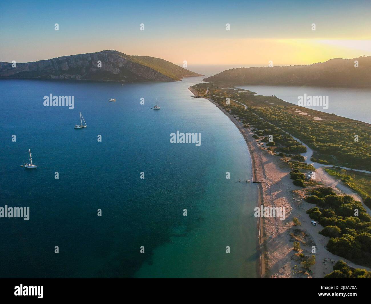 Panoramic aerial view over Divari beach near Navarino bay, Gialova. It ...