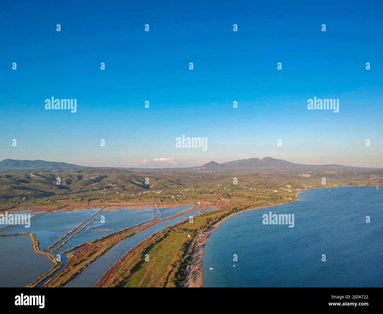 Panoramic aerial view over Divari beach near Navarino bay, Gialova. It ...