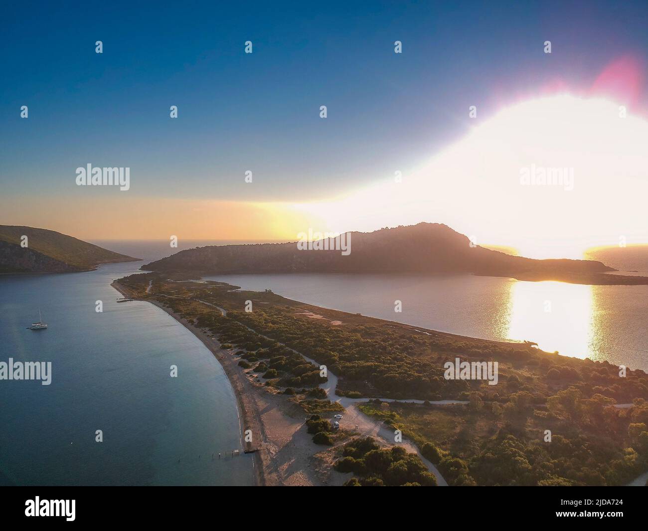 Panoramic aerial view over Divari beach near Navarino bay, Gialova. It ...