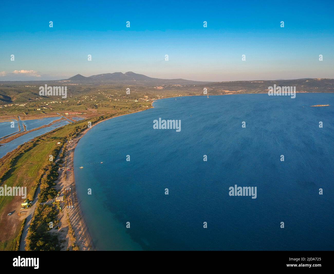 Panoramic aerial view over Divari beach near Navarino bay, Gialova. It ...