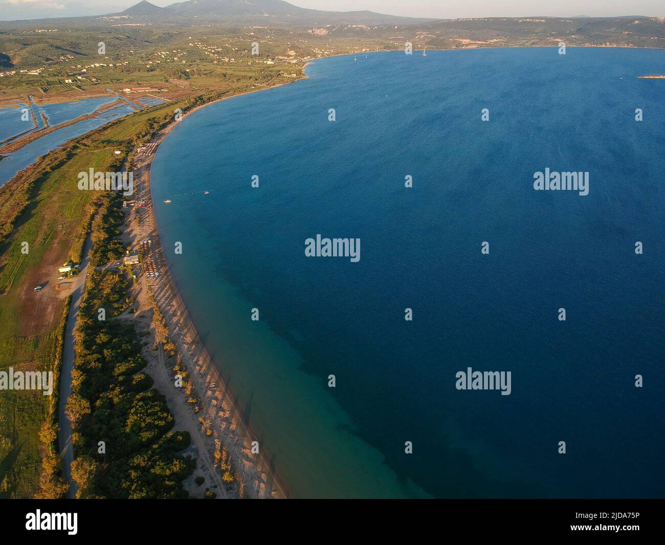 Panoramic aerial view over Divari beach near Navarino bay, Gialova. It ...