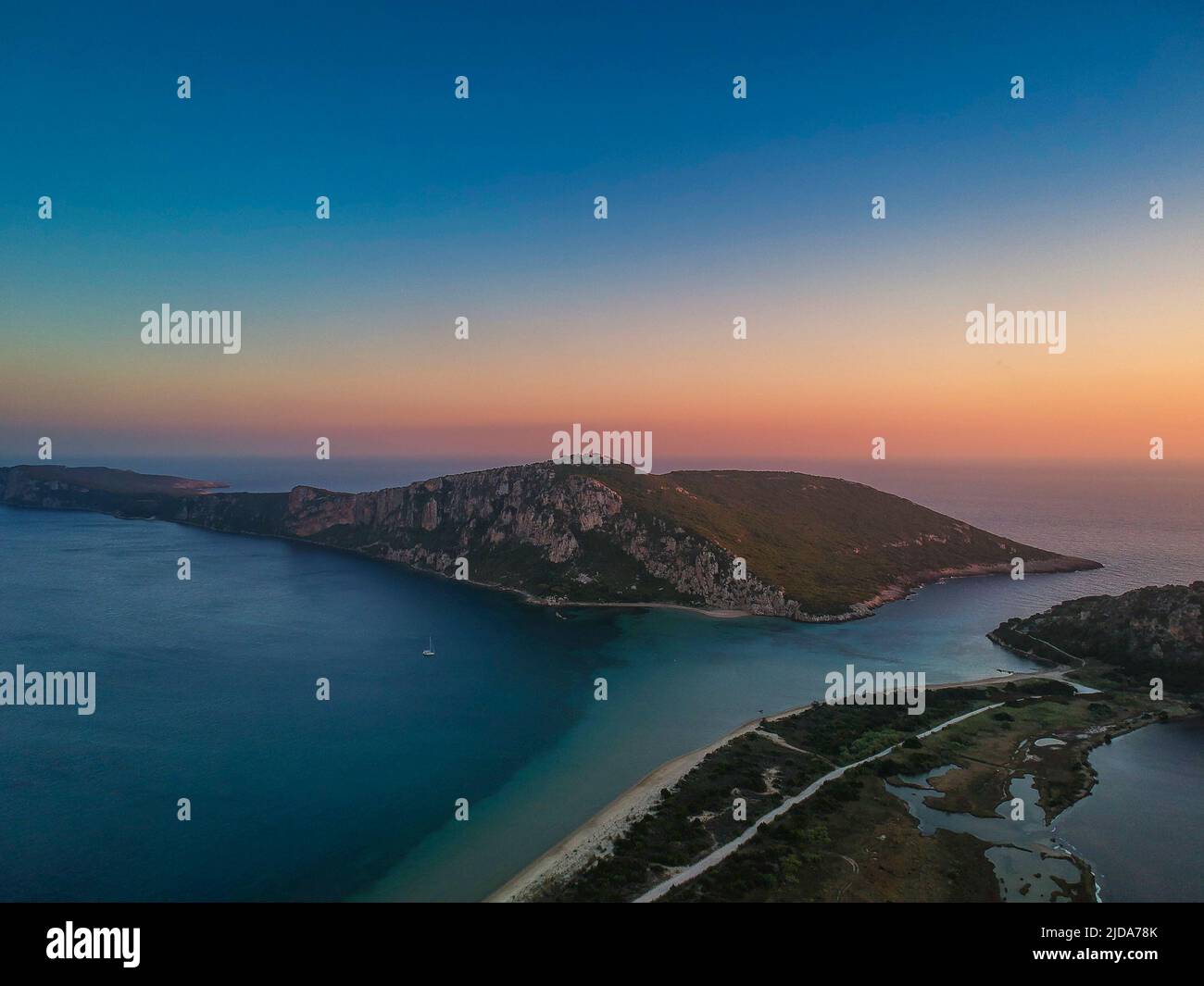 Panoramic aerial view over Divari beach near Navarino bay, Gialova. It ...