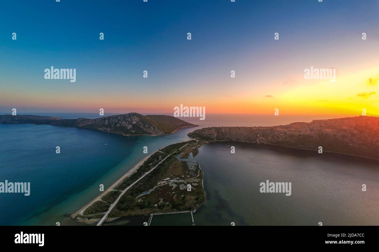 Panoramic aerial view over Divari beach near Navarino bay, Gialova. It ...