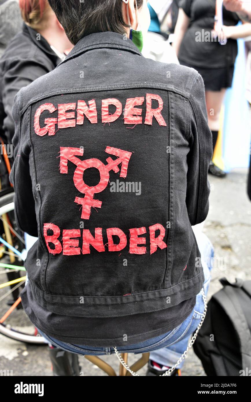 Manchester, UK, 19th June, 2022. 'Gender bender' text and symbol on a ...