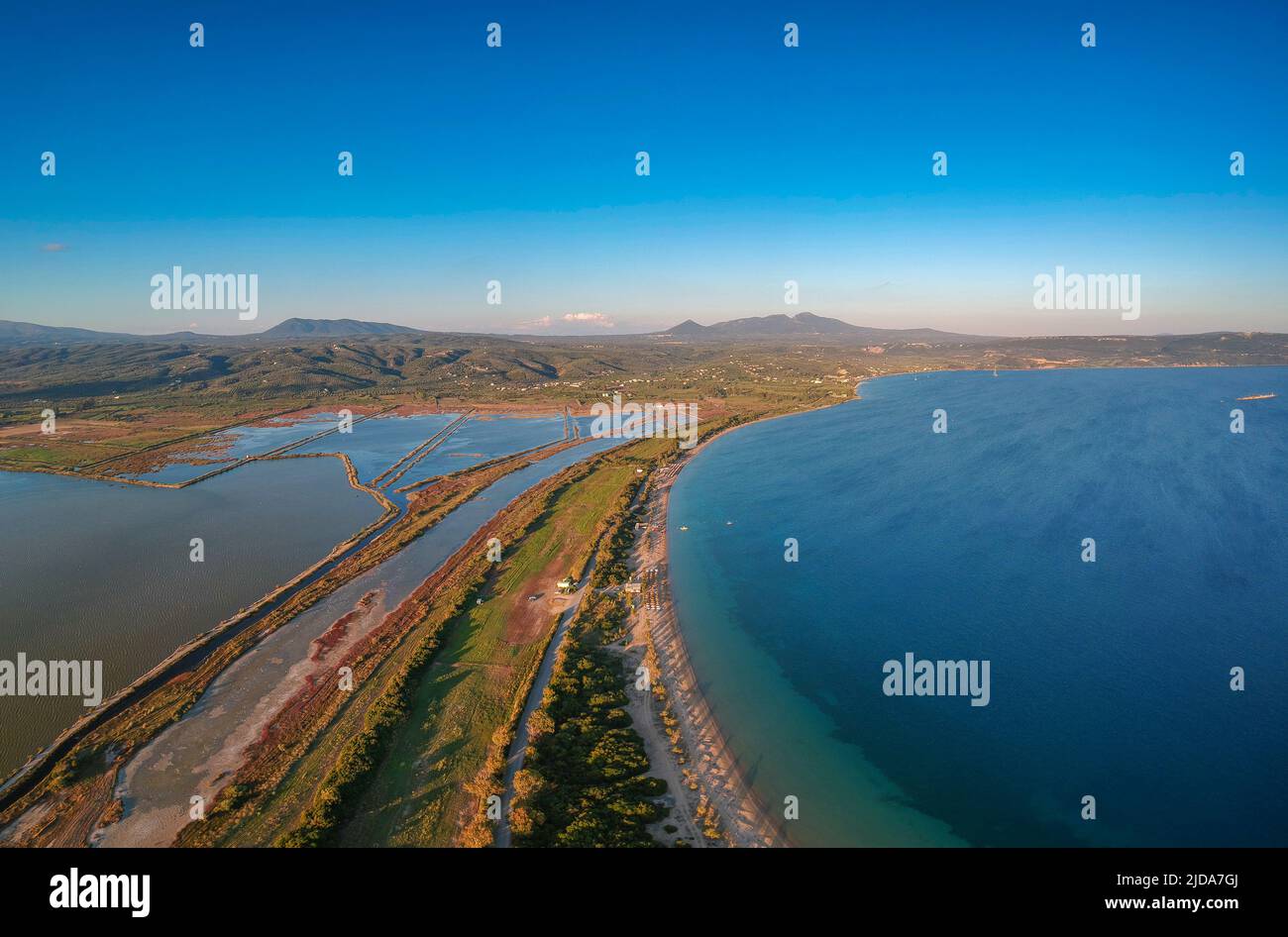 Panoramic aerial view over Divari beach near Navarino bay, Gialova. It ...