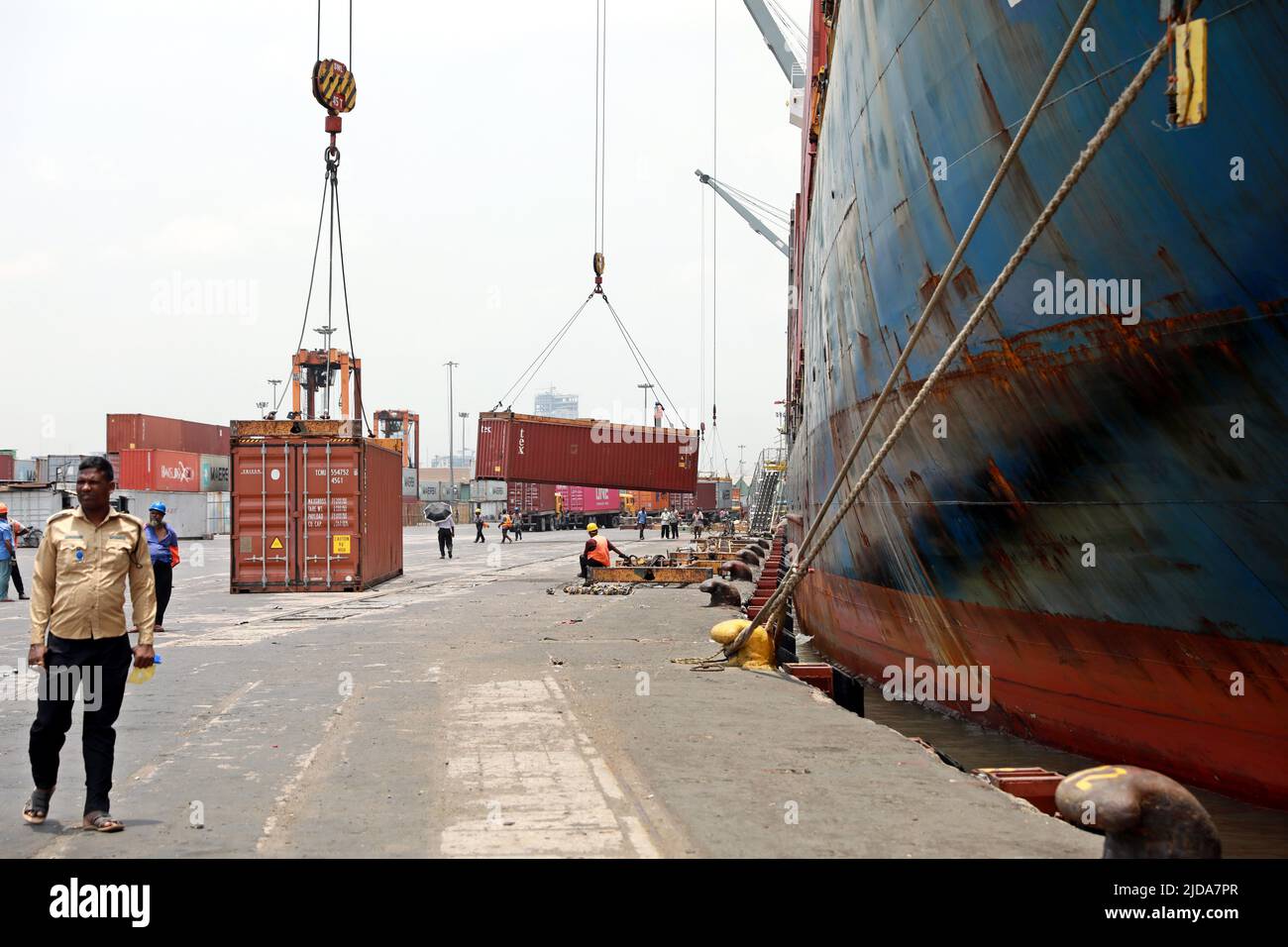 CHITTAGONG, BANGLADESH - Aerial view of containers and shipyard cranes ...