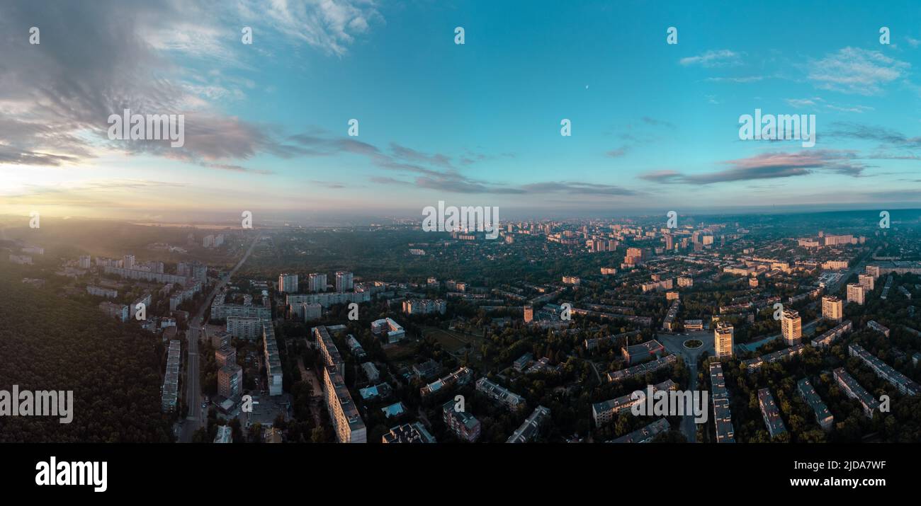 Sunny morning cityscape panorama in city residential district. Aerial ...