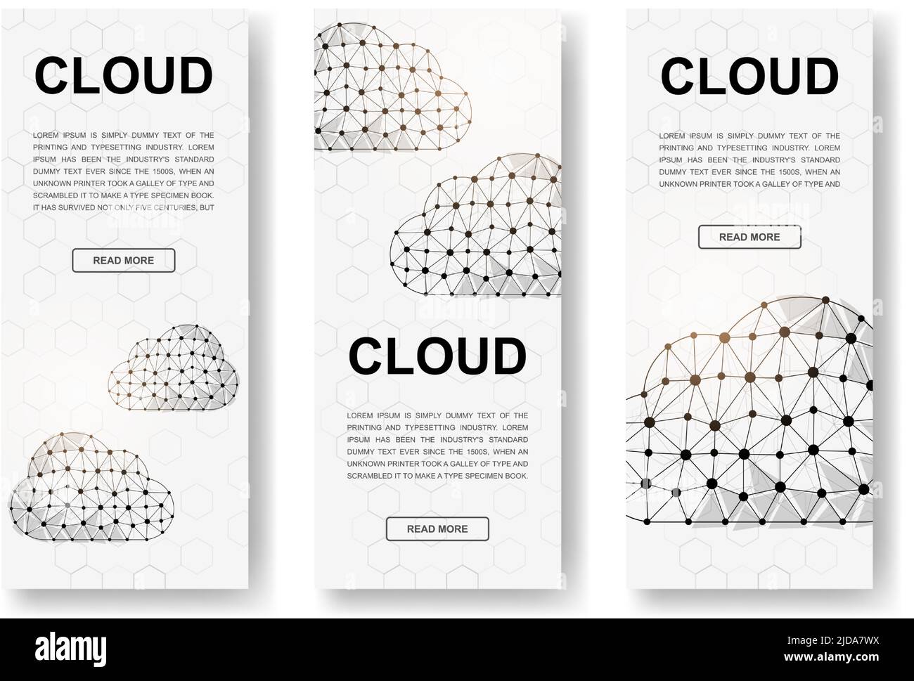 Set of three Cloud polygonal vertical banners. 3d Database low poly ...