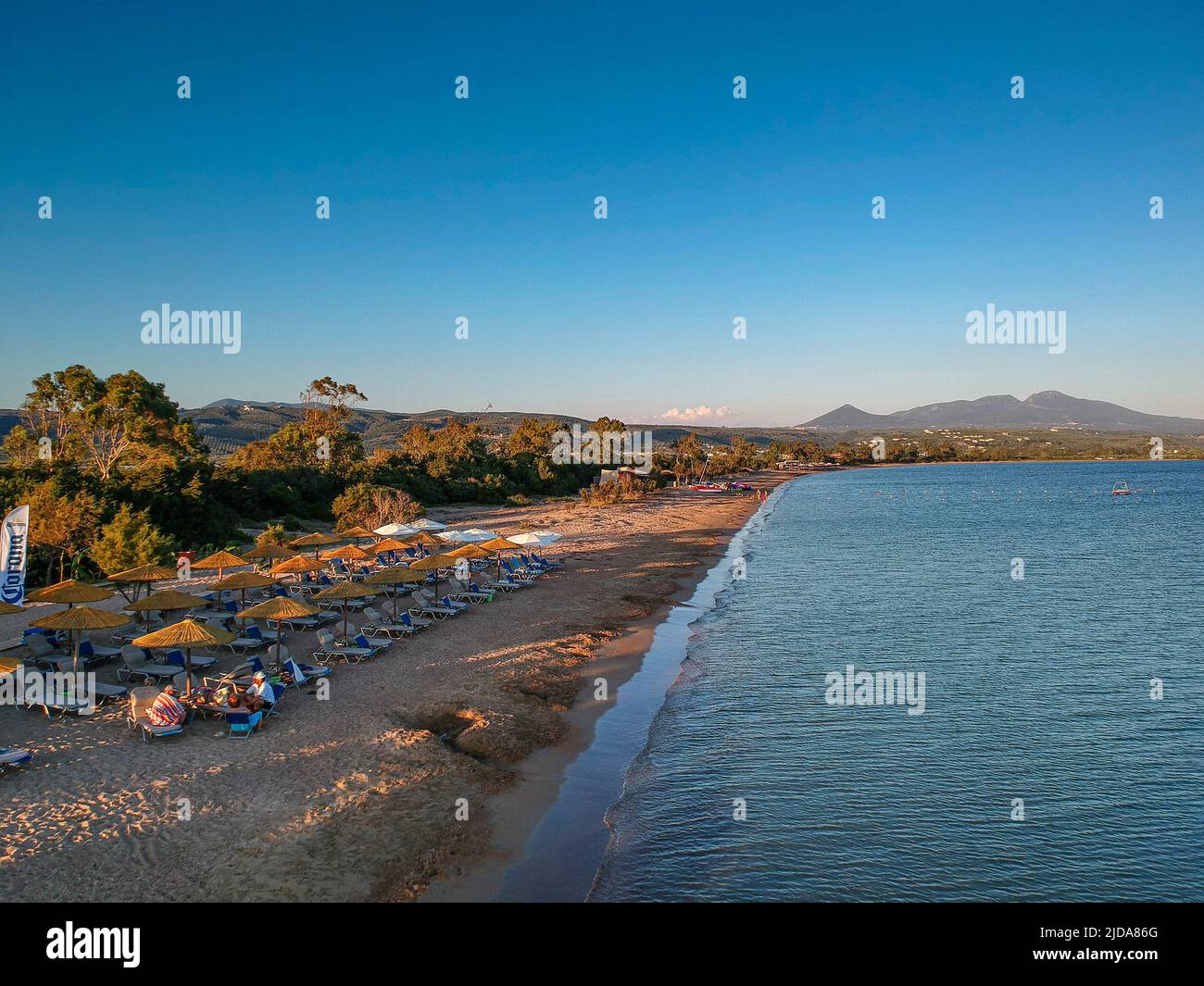 Panoramic aerial view over Divari beach near Navarino bay, Gialova. It ...