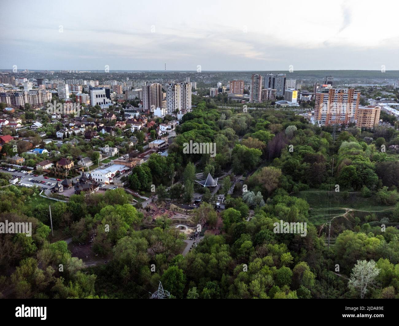 Aerial view on green summer Kharkiv city center popular recreation park ...