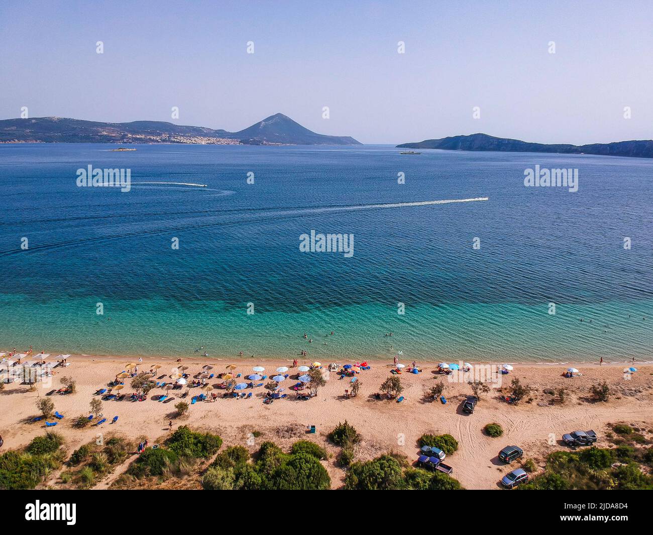 Panoramic aerial view over Divari beach near Navarino bay, Gialova. It ...