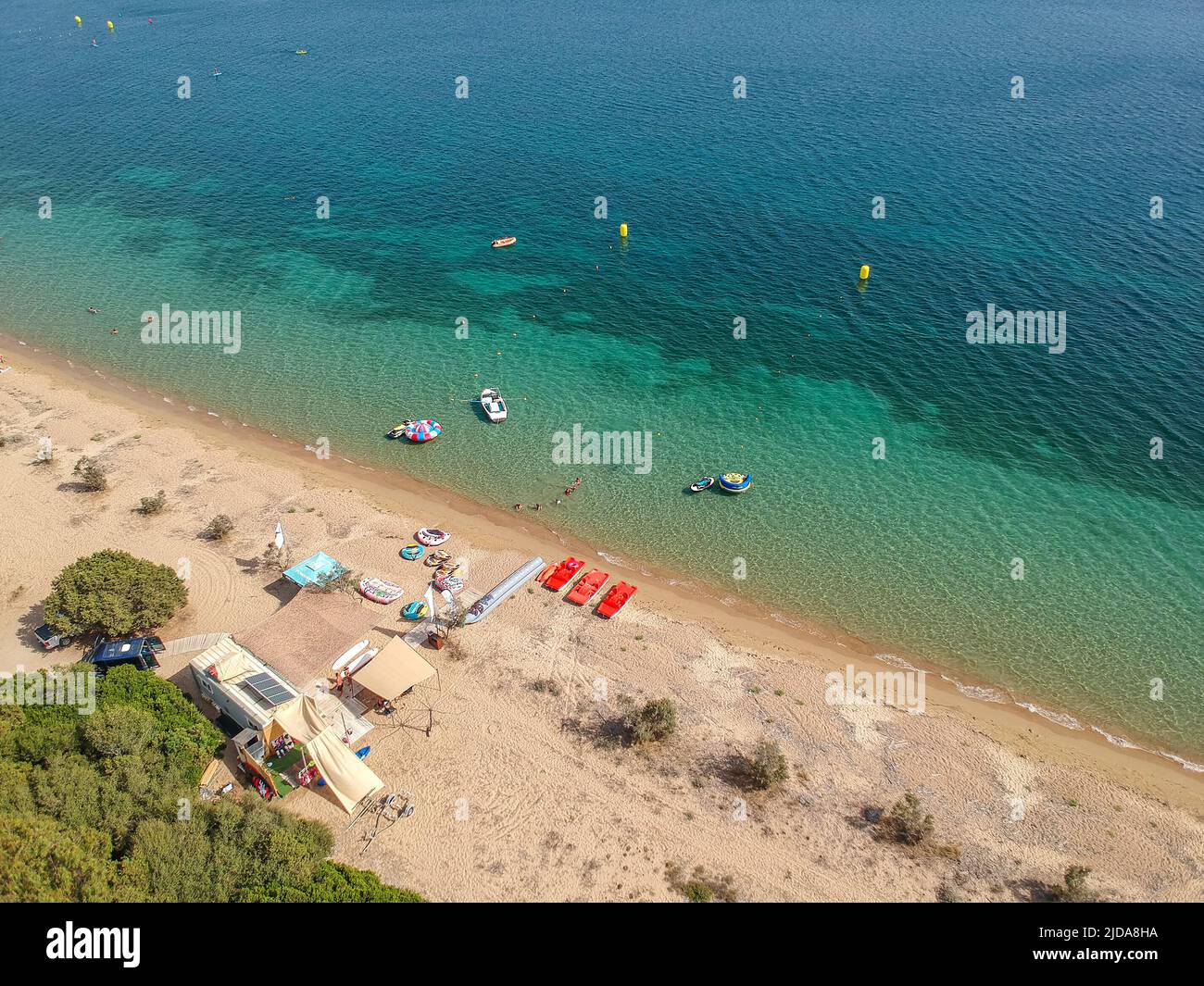 Panoramic aerial view over Divari beach near Navarino bay, Gialova. It ...
