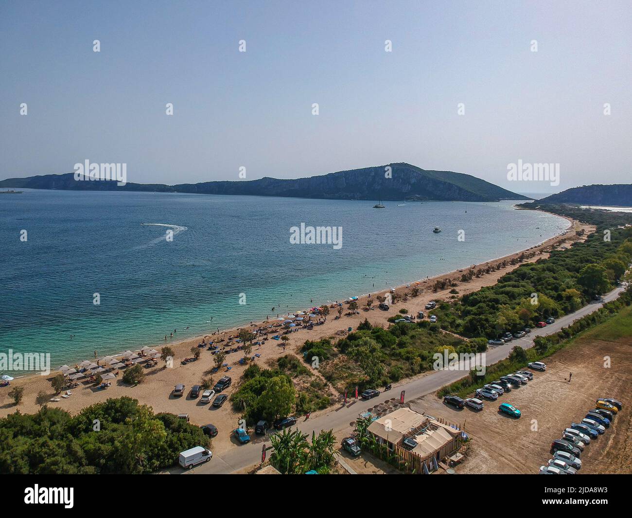 Panoramic aerial view over Divari beach near Navarino bay, Gialova. It ...