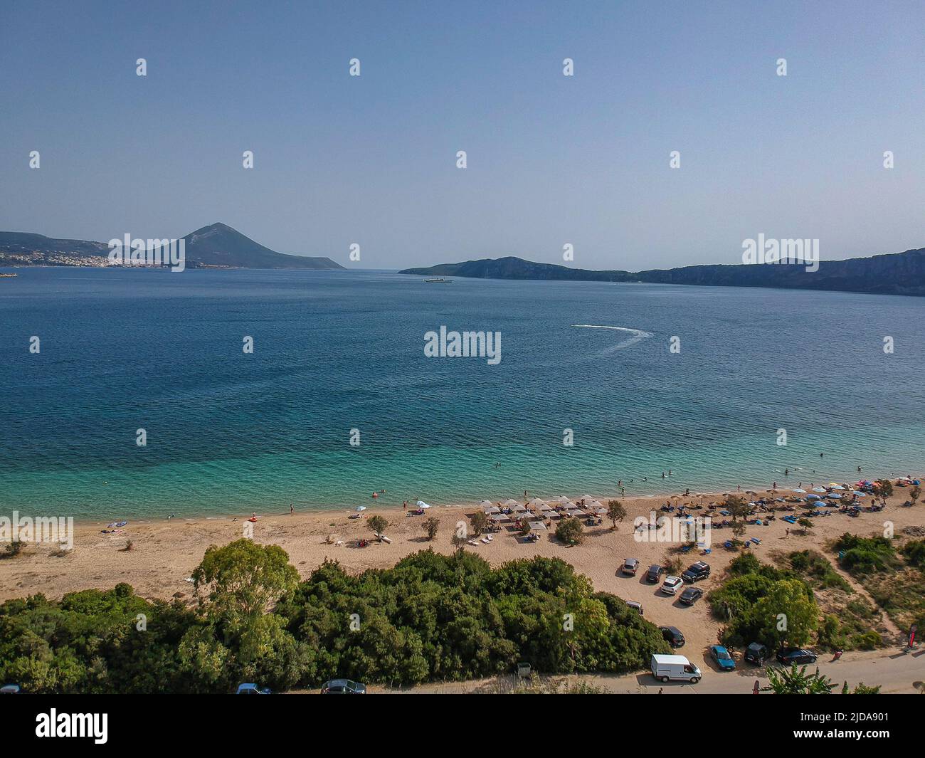 Panoramic aerial view over Divari beach near Navarino bay, Gialova. It ...