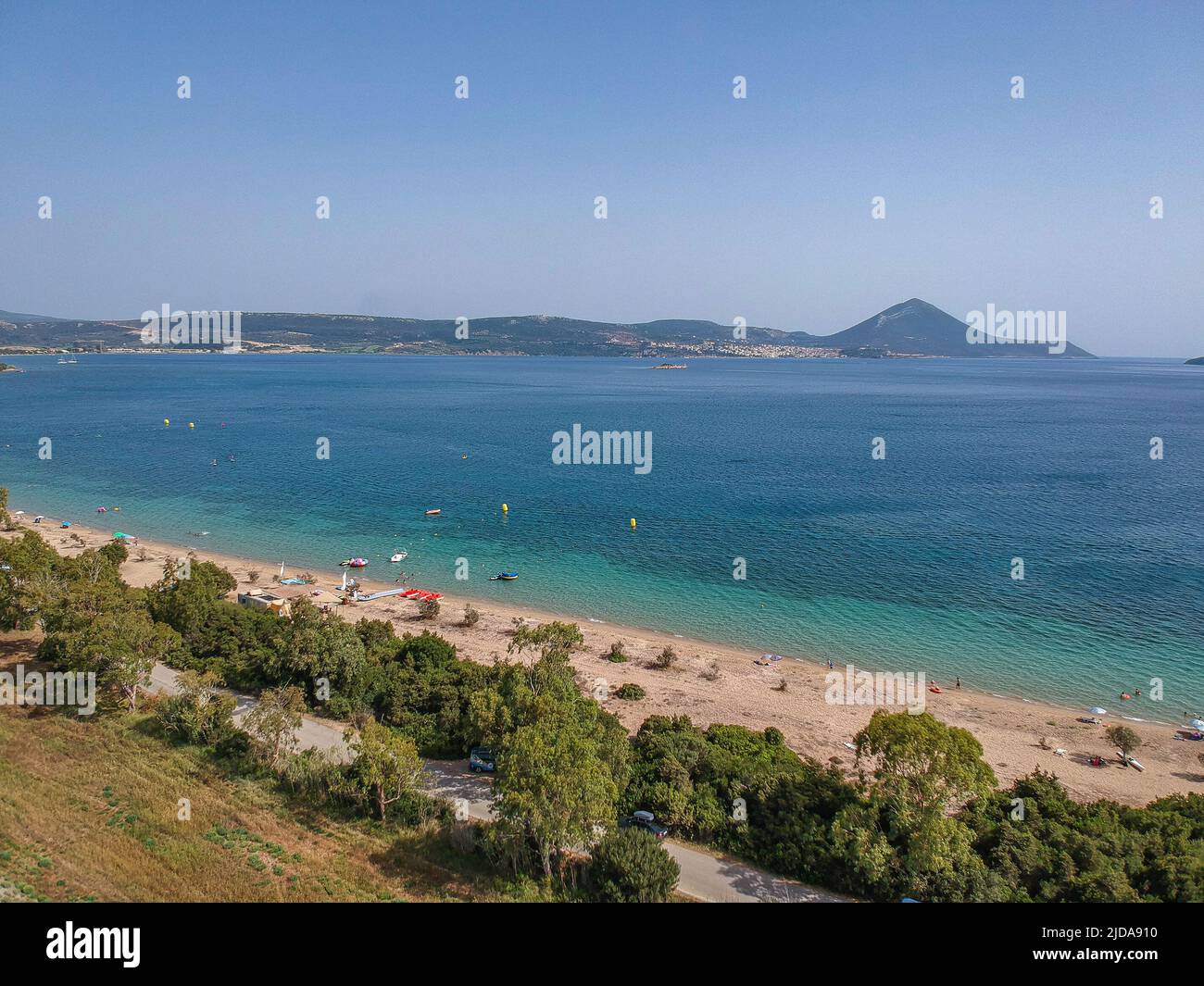 Panoramic aerial view over Divari beach near Navarino bay, Gialova. It ...