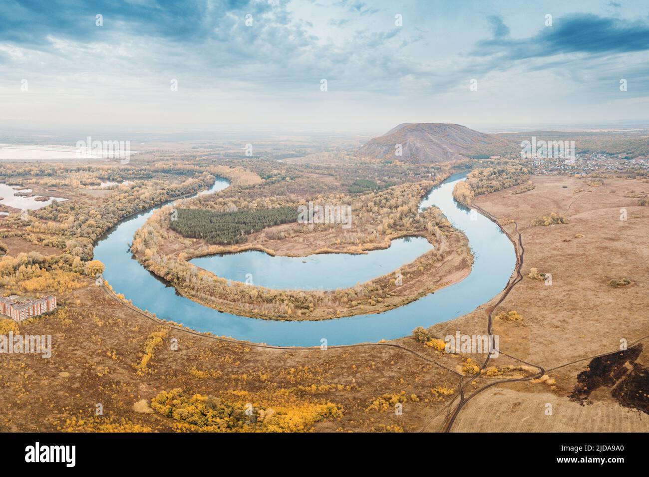 Bend of the Belaya River and the picturesque Shihan Hill. Aerial view ...