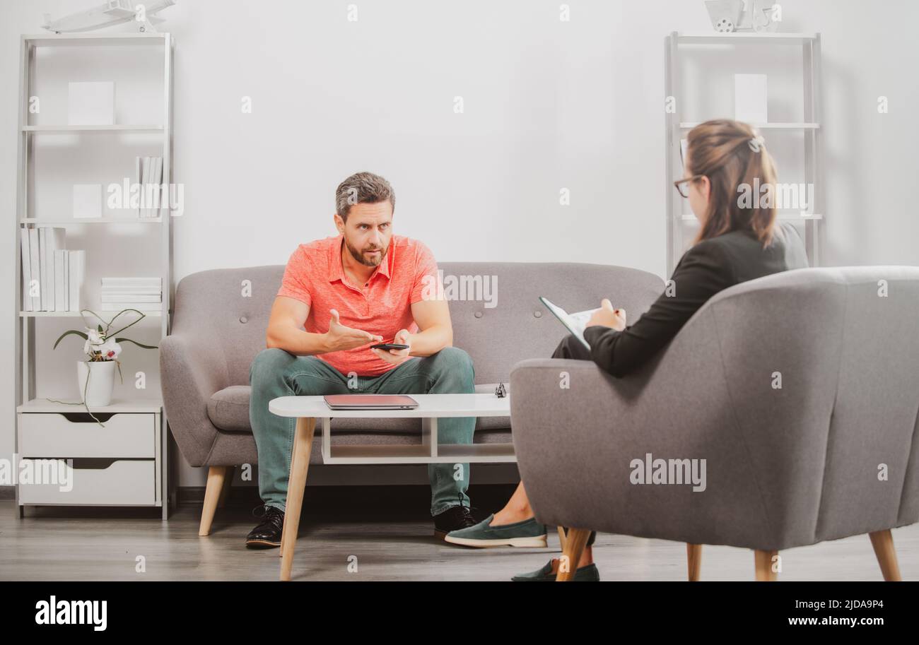 Psychology, mental therapy, psychologist with man at psychotherapy ...