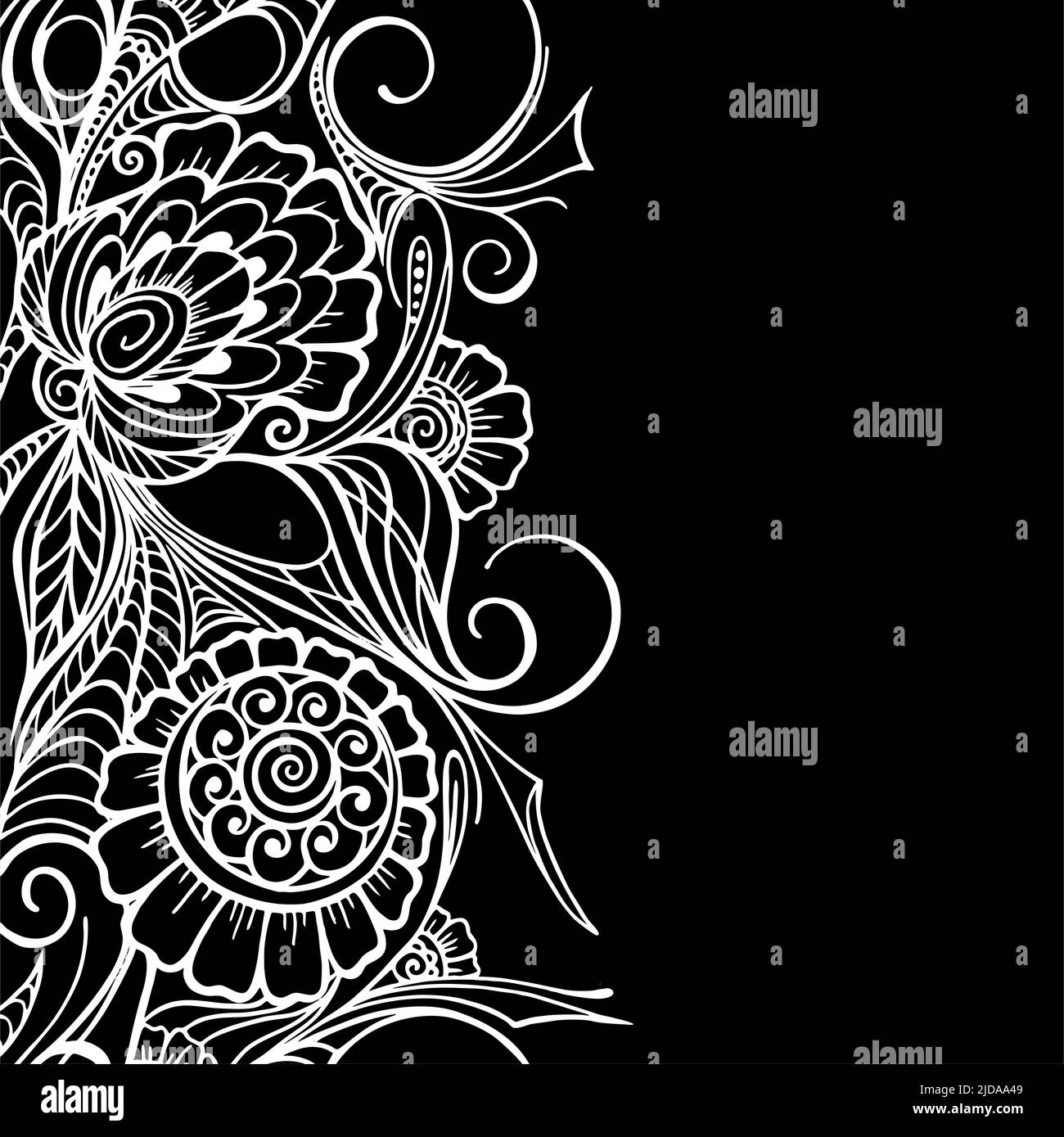 seamless repeat oriental border, outline white floral pattern on black ...